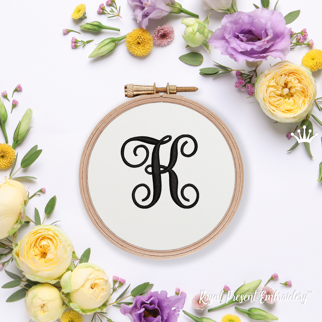 K Monogram Machine Embroidery Design - 2 sizes | Royal Present Embroidery