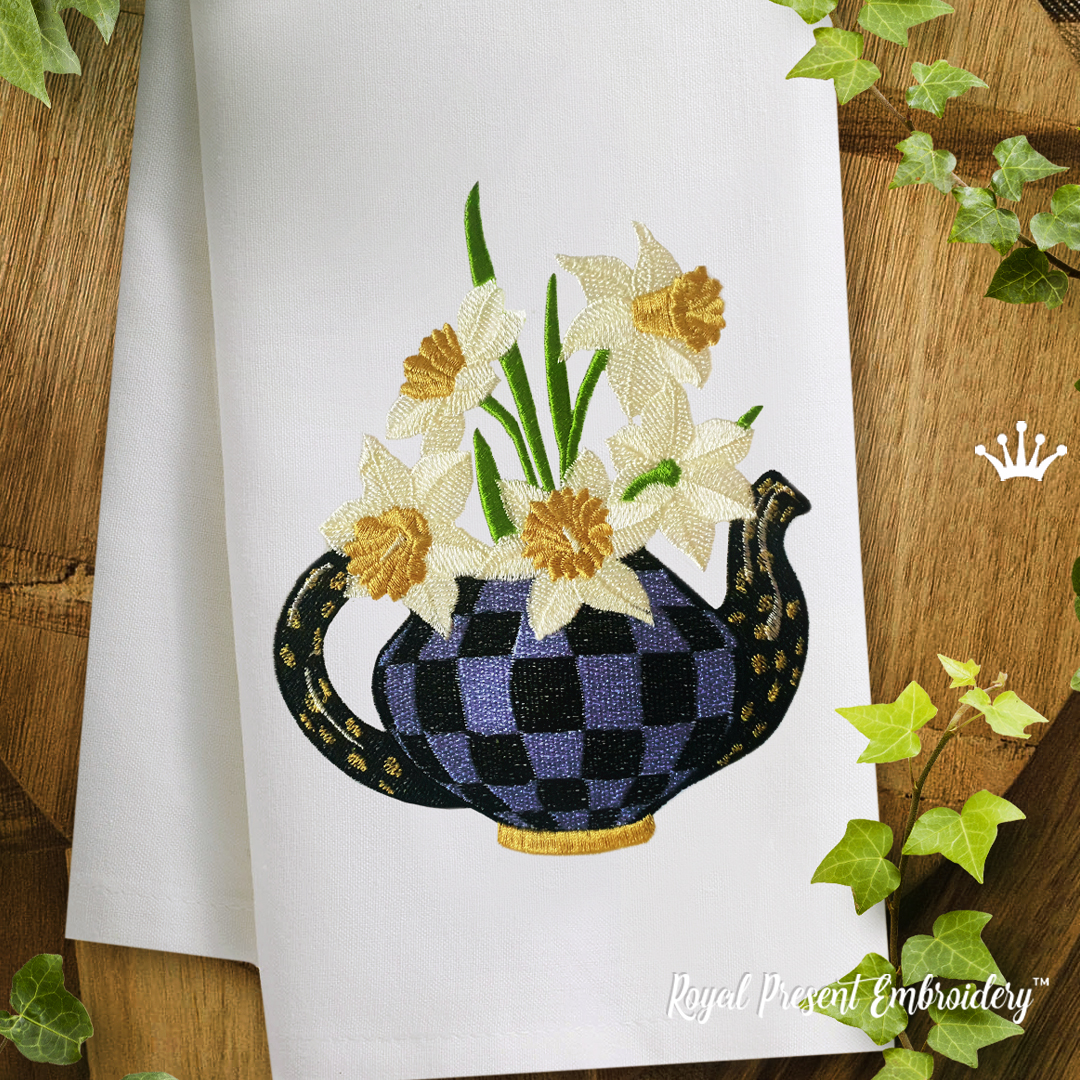 Checkered teapot with daffodils Machine Embroidery Design - 4 sizes ...