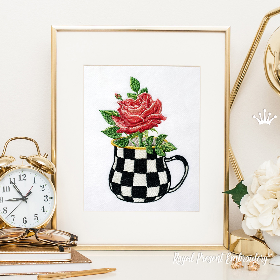 Checkered cup with rose Machine Embroidery Design - 4 sizes | Royal ...