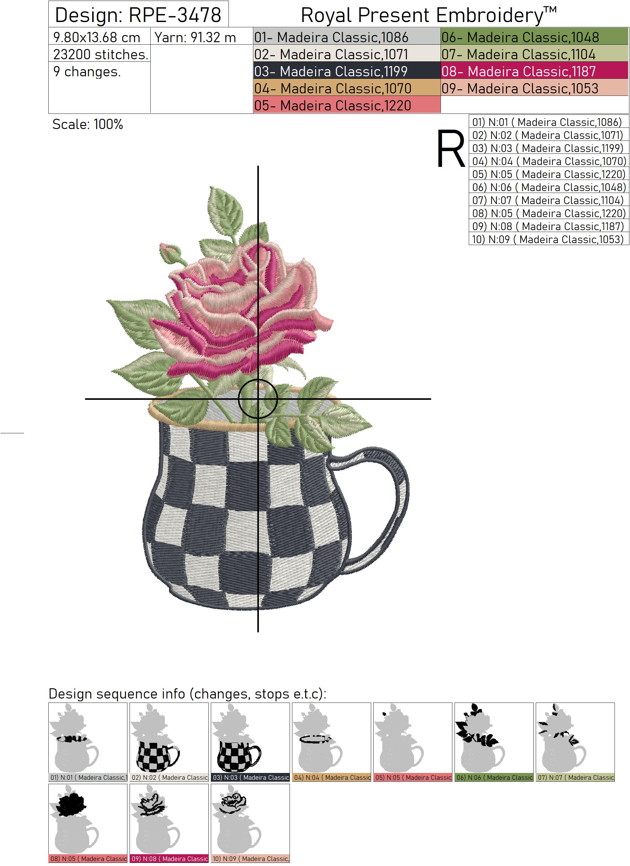 Checkered cup with rose Machine Embroidery Design - 4 sizes | Royal ...