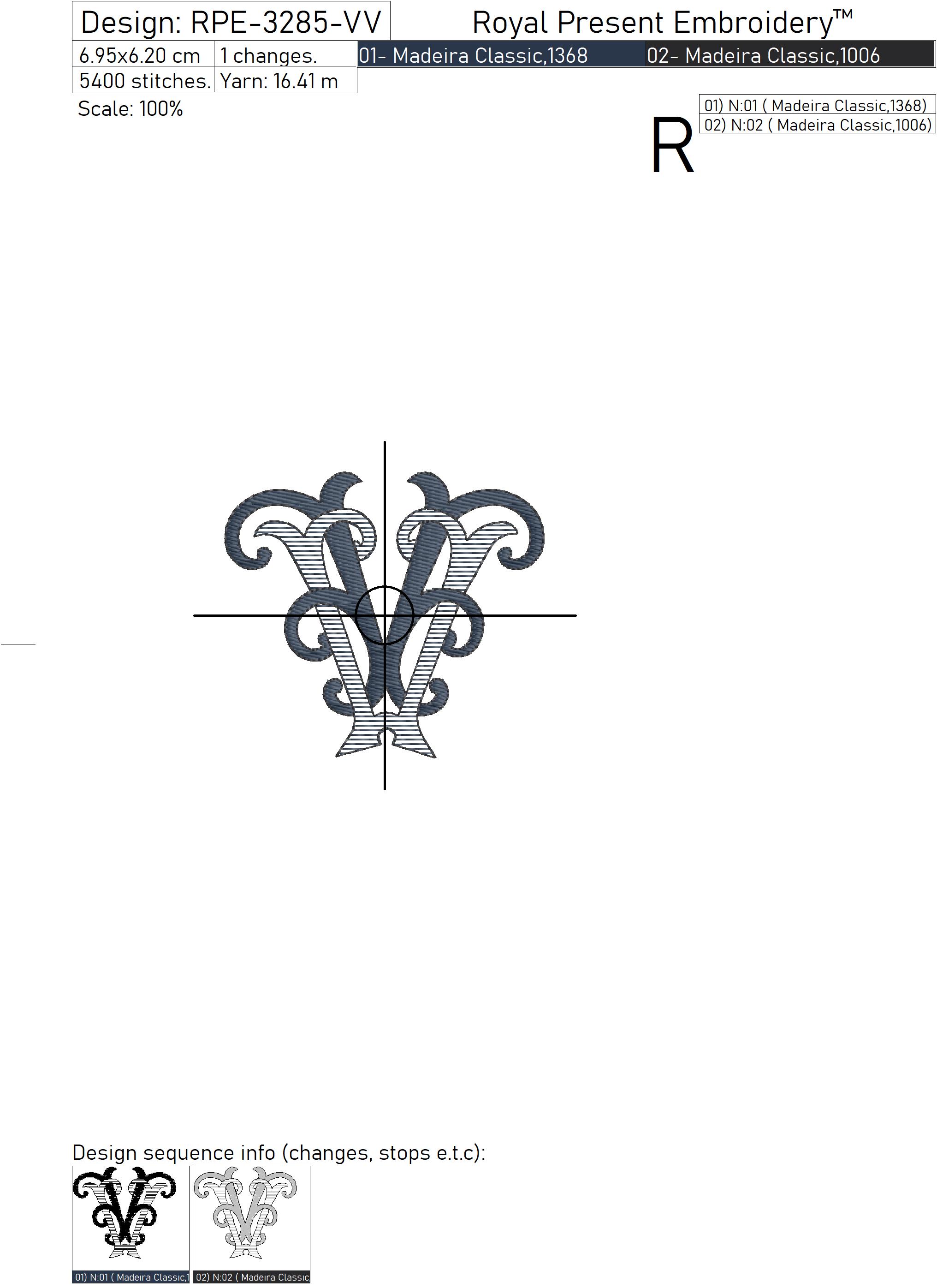 Monogram VV Machine Embroidery Design - 3 sizes | Royal Present Embroidery