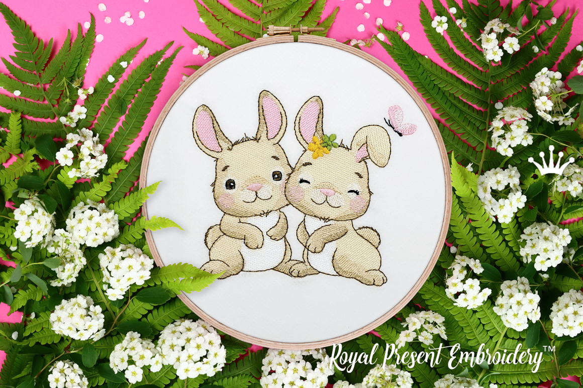 Bunnies machine embroidery design - 4 sizes | Royal Present Embroidery