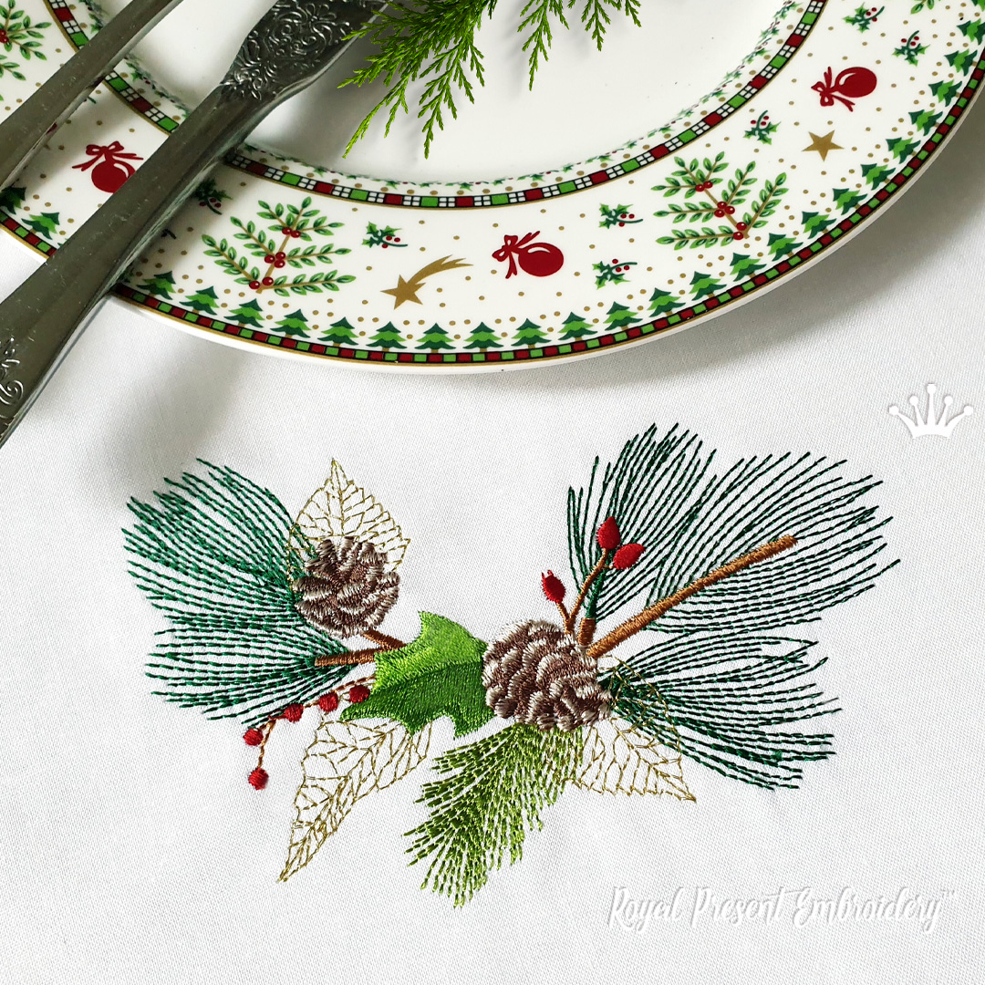 Winter corner with fir branches and pine cone embroidery design | Royal ...
