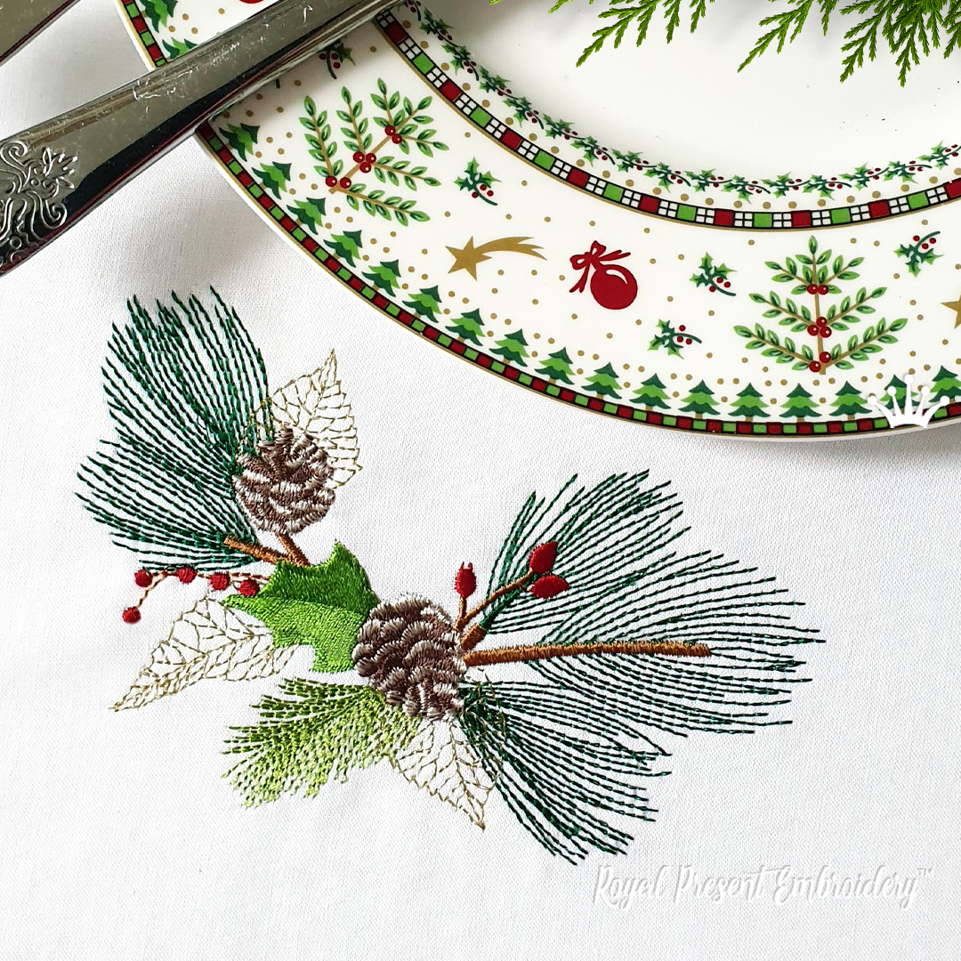 Winter corner with fir branches and pine cone embroidery design | Royal ...