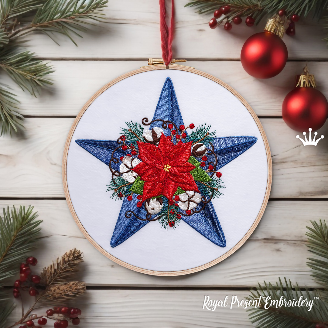 Blue Star Christmas Embroidery Design in 5 sizes | Royal Present Embroidery