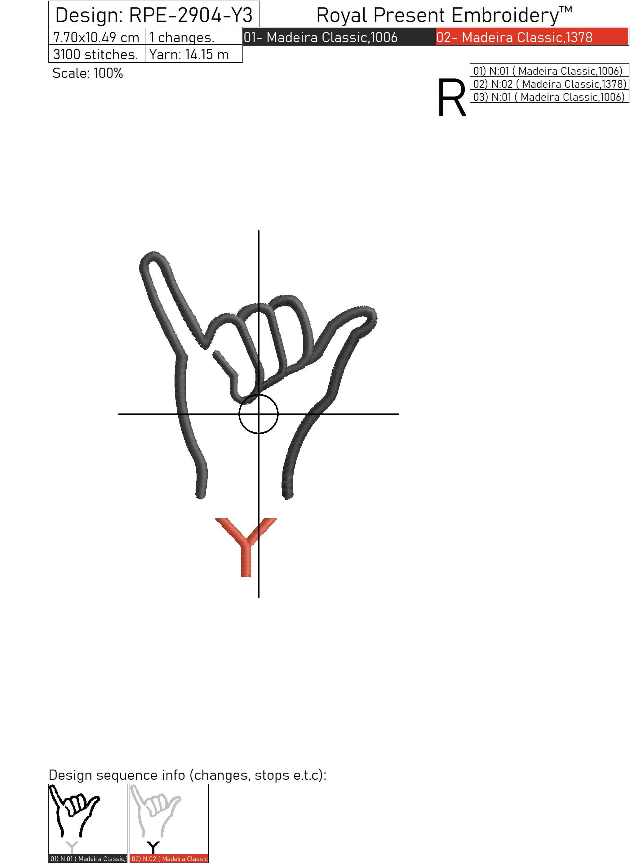 Sign Language letter Y machine embroidery design - 3 sizes | Royal ...