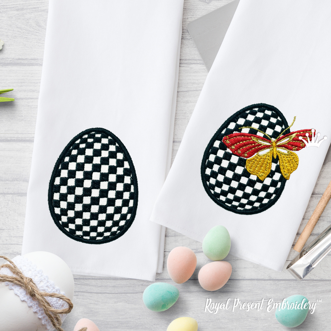 Checkered Applique Eggs with butterfly | Royal Present Embroidery