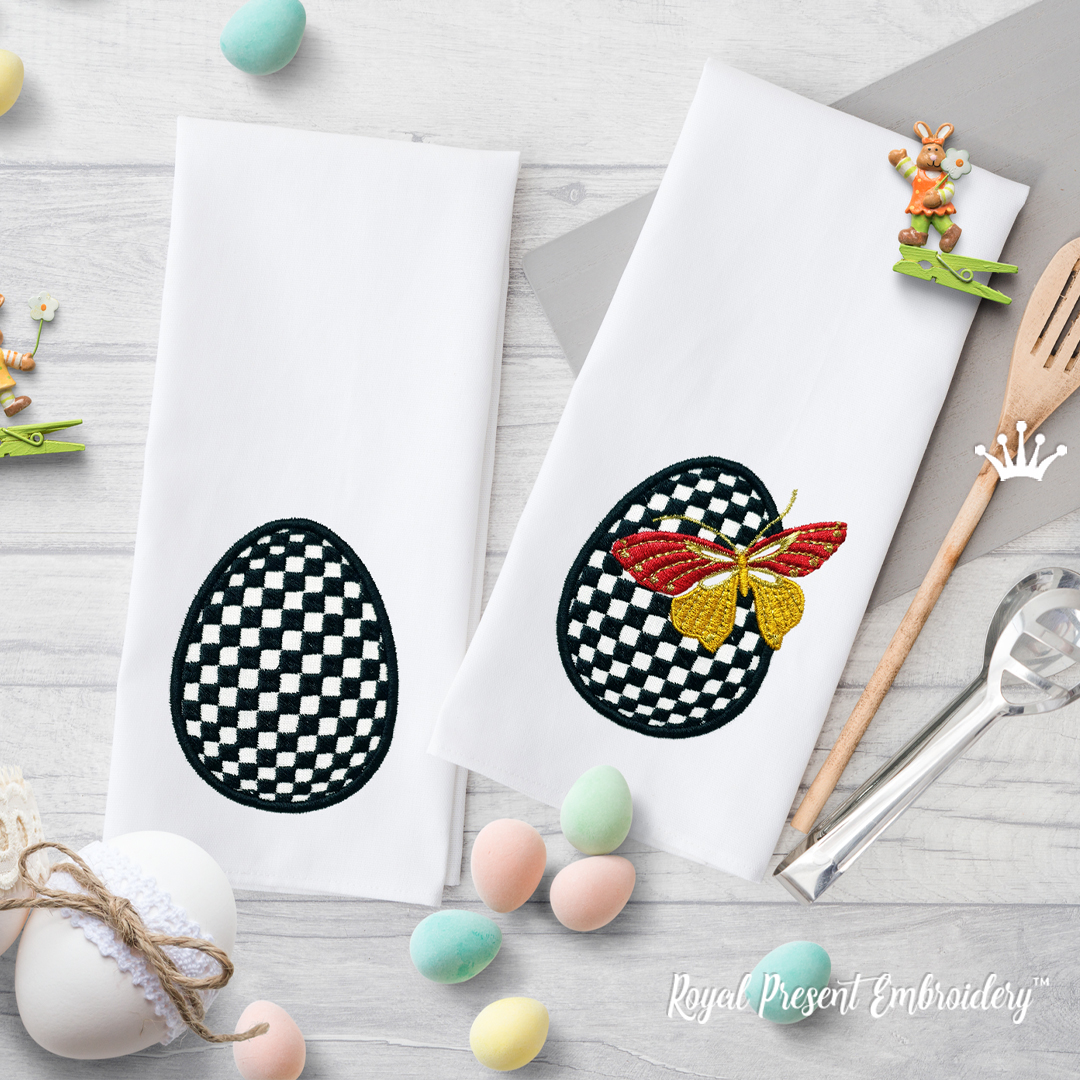 Checkered Applique Eggs with butterfly | Royal Present Embroidery