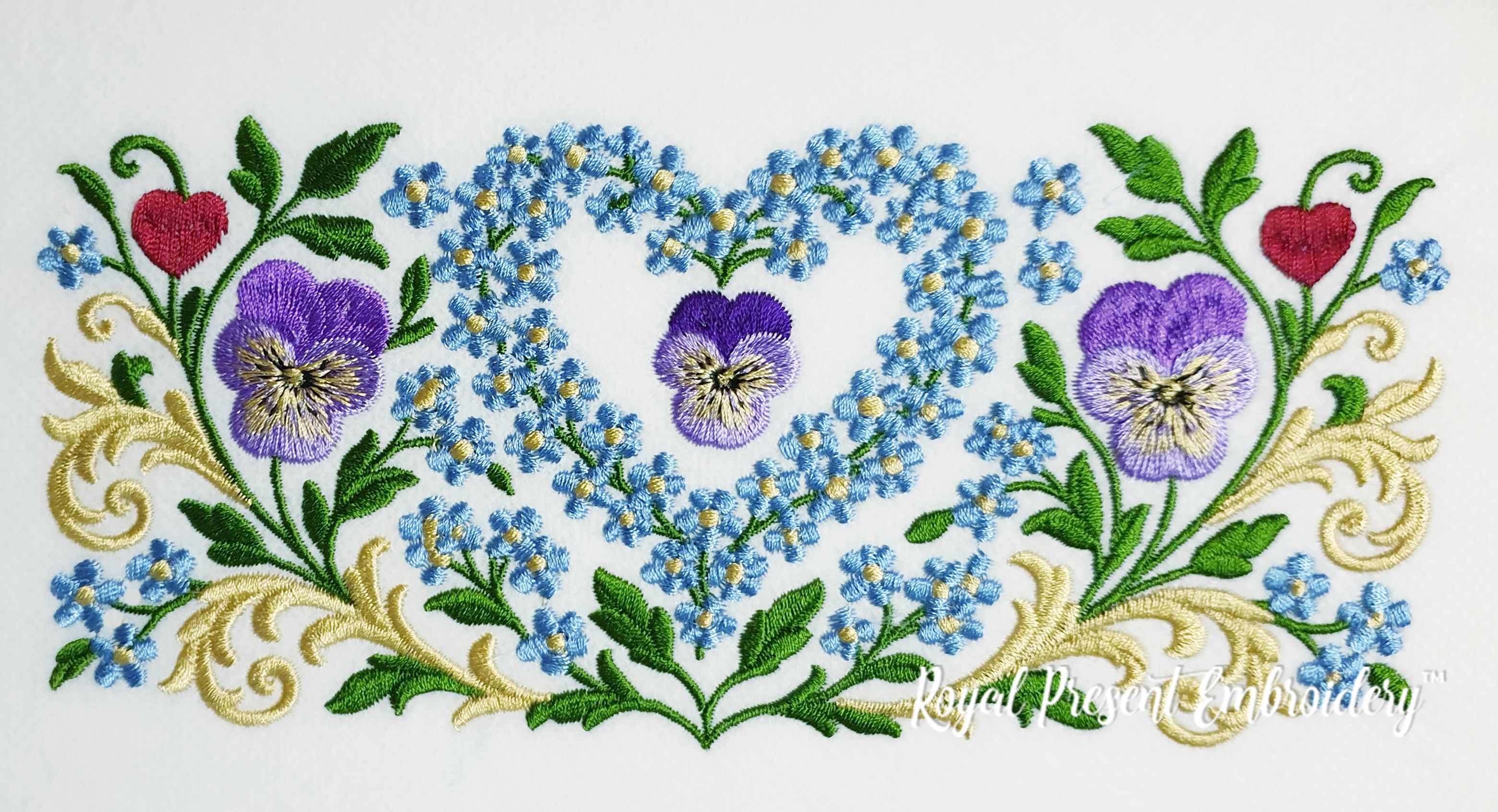 Spring Pansies with Hearts Border | Royal Present Embroidery
