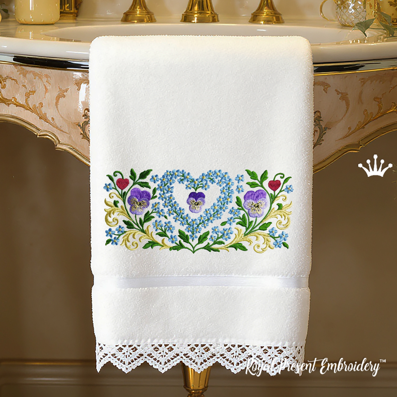Spring Pansies with Hearts Border | Royal Present Embroidery