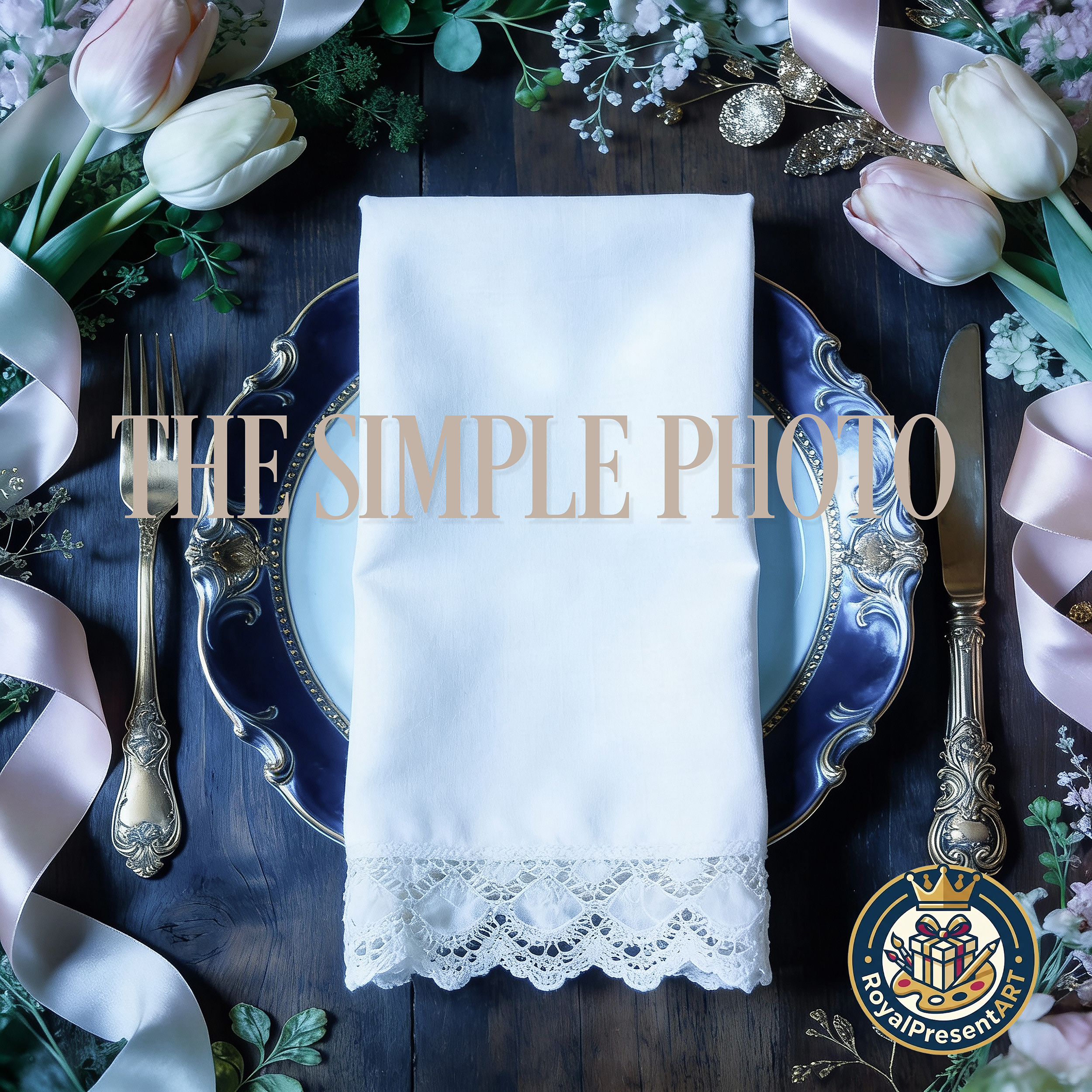 Victorian Napkin Mockup on Baroque Plate | Royal Present Embroidery